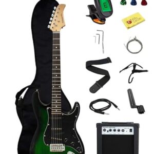 Stedman Pro EG39-TGRB-10W Beginner Series Electric Guitar with Case, Strap, Cable, Capo, Picks, Electronic Tuner, String Winder and Polish Cloth, 10W Amp, Transparent Green/Black Picguard