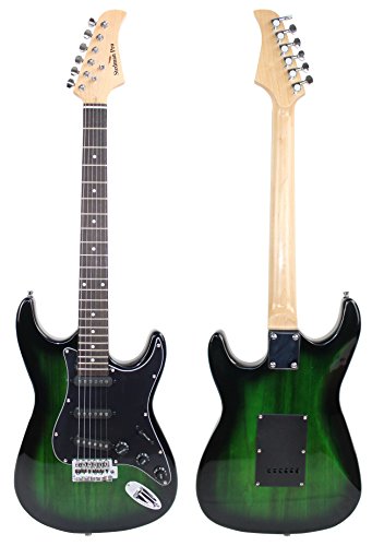 Stedman Pro EG39-TGRB-10W Beginner Series Electric Guitar with Case, Strap, Cable, Capo, Picks, Electronic Tuner, String Winder and Polish Cloth, 10W Amp, Transparent Green/Black Picguard