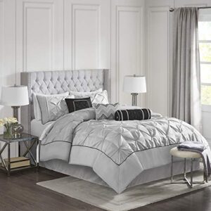 madison park laurel cozy comforter set - traditional tufted faux silk design, all season down alternative bedding with matching shams, decorative pillow, grey queen(90"x90") 7 piece