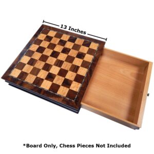 Vada Burl Wood Inlaid Chess Cabinet with Drawer, Medium 13 x 13 Inch Set, Board Only, No Pieces