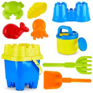 prextex 19-piece kids beach toys | age 3-10, toddler, baby, older kids | beach sand toys | play toy set - bucket, sifter, shovels, rakes, watering can, animal&castle molds, drawstring mesh beach bag