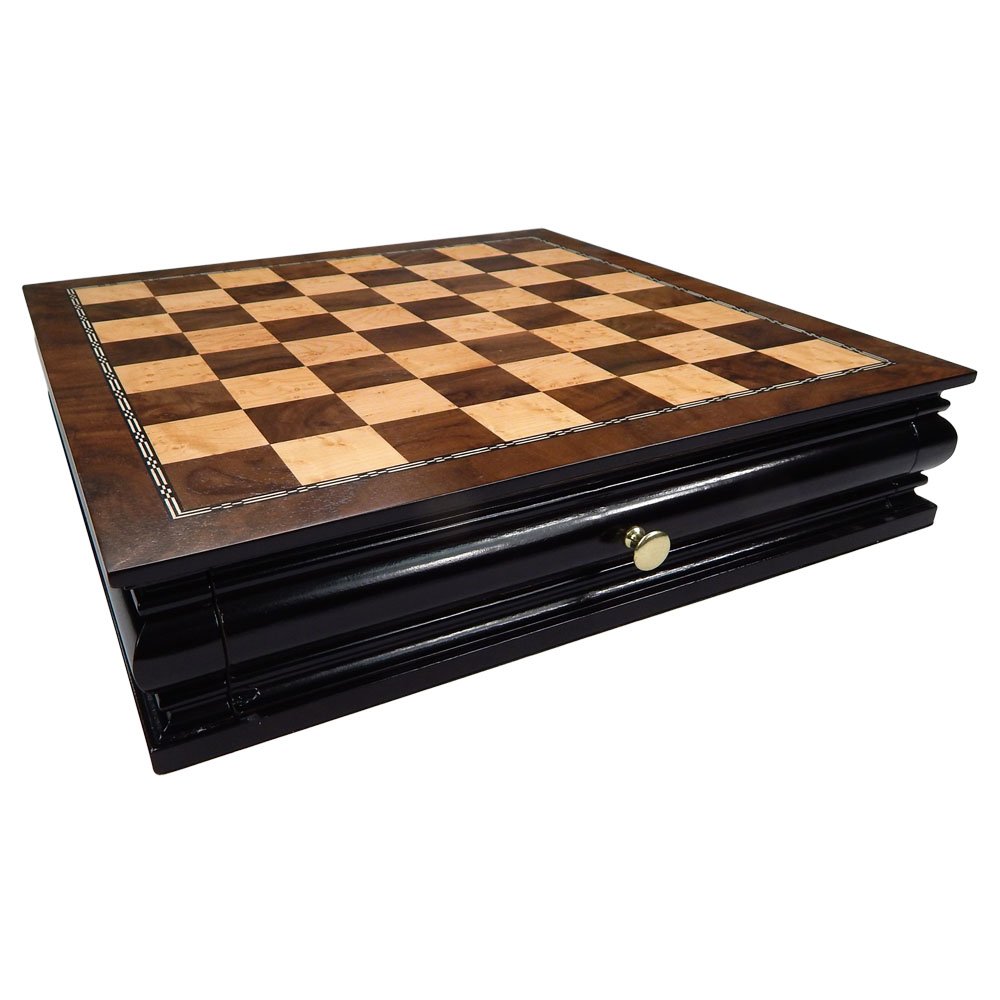 Vada Burl Wood Inlaid Chess Cabinet with Drawer, Medium 13 x 13 Inch Set, Board Only, No Pieces