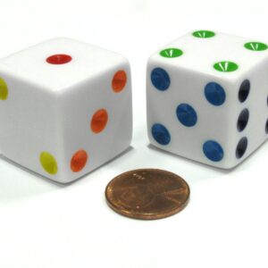 Set of 6 D6 25mm Large Opaque Jumbo Dice - White with Multicolor Pip by Koplow Games