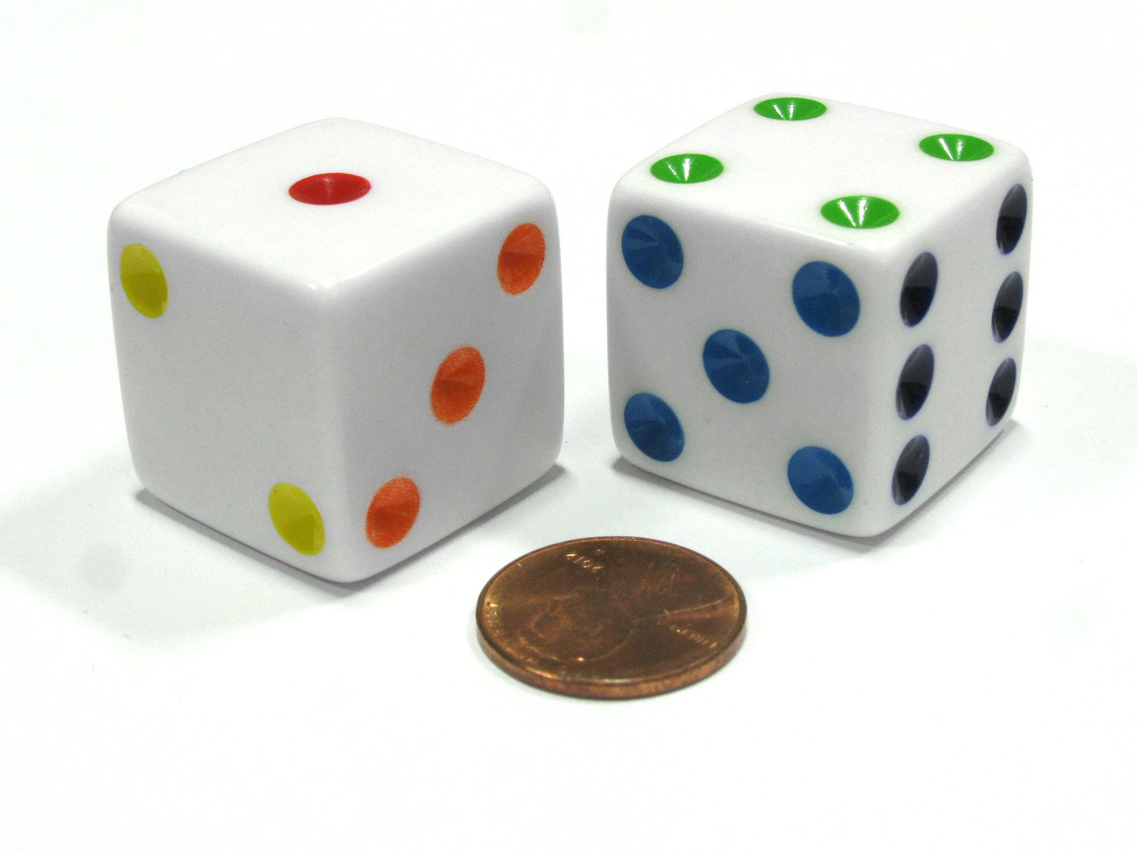 Set of 6 D6 25mm Large Opaque Jumbo Dice - White with Multicolor Pip by Koplow Games