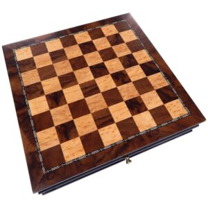 vada burl wood inlaid chess cabinet with drawer, medium 13 x 13 inch set, board only, no pieces