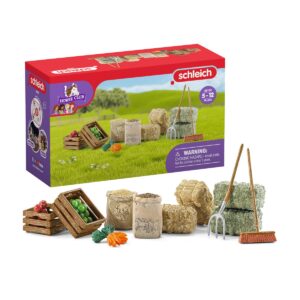 schleich horse club 14pc. toy feed and accessory set for horses and animals - detailed hay, straw, and carrot horse feed, for education and imaginative play for girls and boys, gift for kids ages 5+