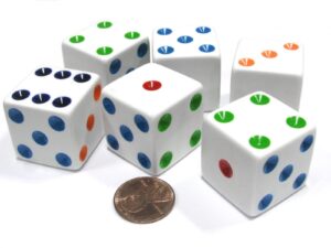 set of 6 d6 25mm large opaque jumbo dice - white with multicolor pip by koplow games