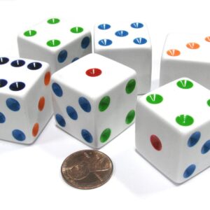 Set of 6 D6 25mm Large Opaque Jumbo Dice - White with Multicolor Pip by Koplow Games