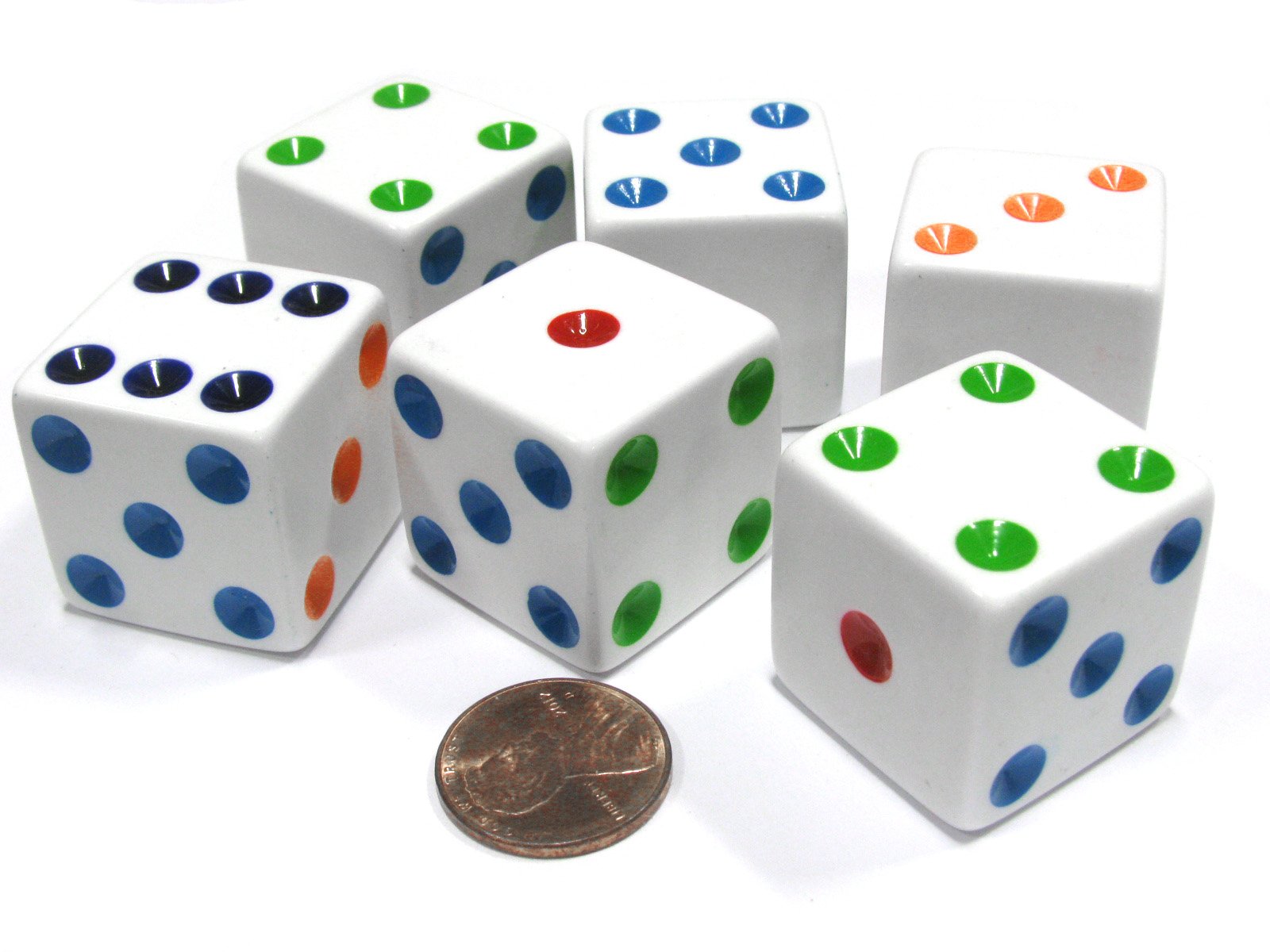 Set of 6 D6 25mm Large Opaque Jumbo Dice - White with Multicolor Pip by Koplow Games