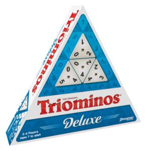 pressman tri-ominos - deluxe edition triangular tiles with brass spinners, 5"