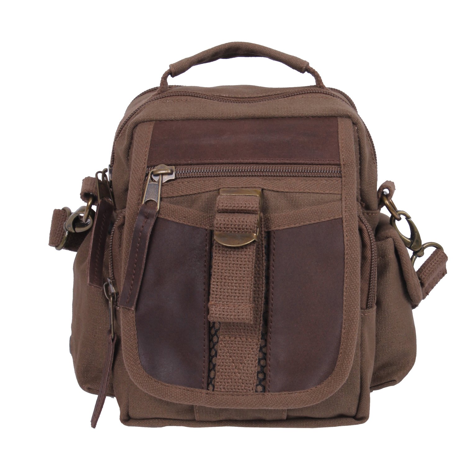 Rothco Canvas & Leather Travel Shoulder Bag, Unisex Crossbody Shoulder Bag, Brown, 8.25" X 6" X 7"