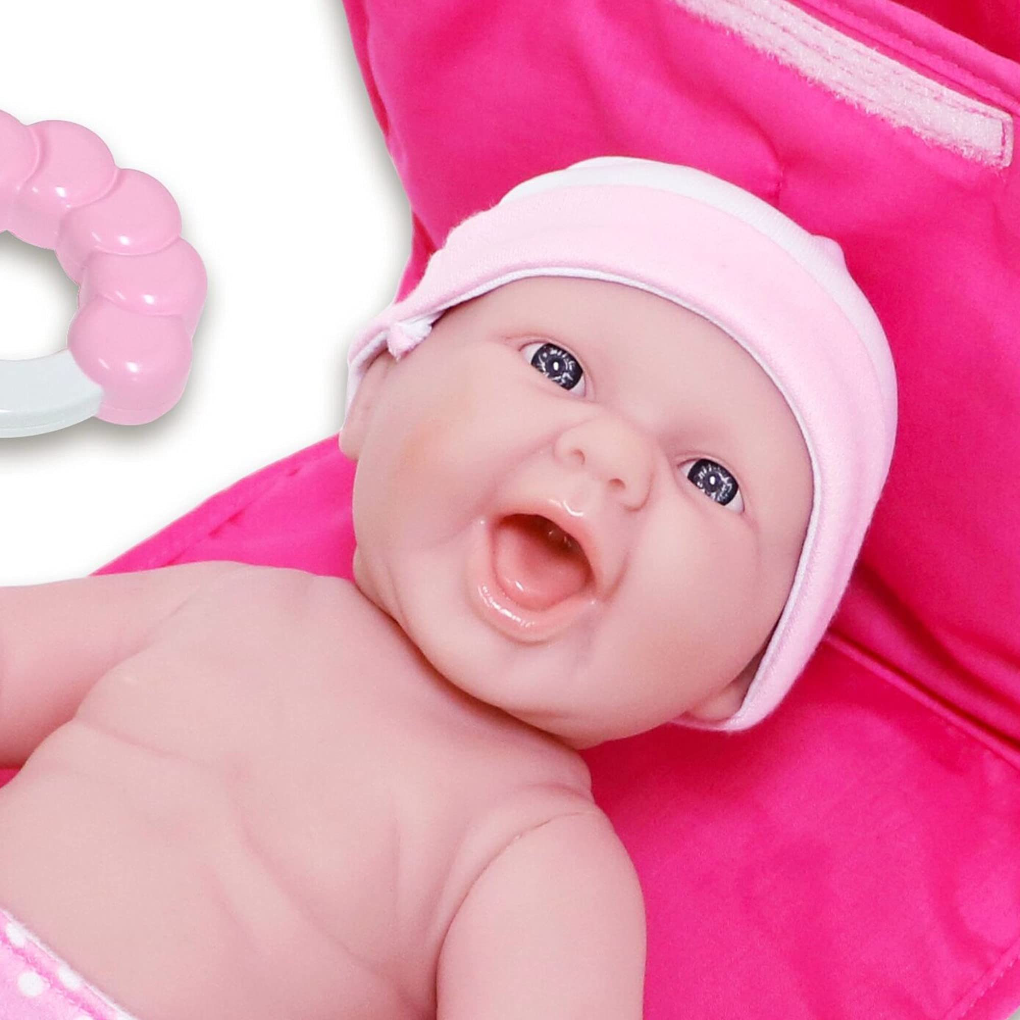 10 Piece Deluxe Diaper Bag Gift Set | Feat. 13" Realistic Smiling Baby Newborn Doll | La Newborn - JC Toys | All Vinyl | Washable | Ages 2+, Pink