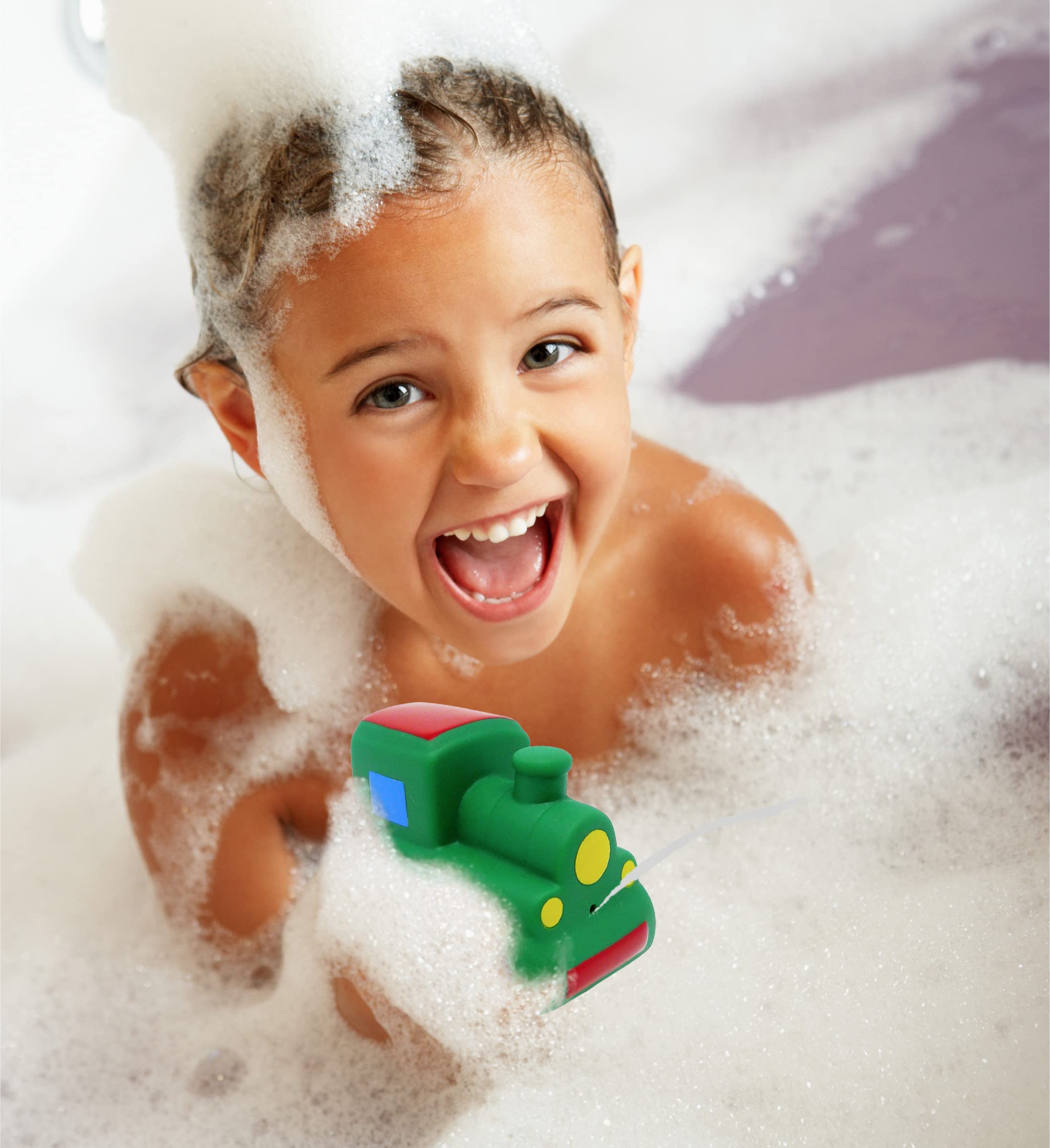 DolliBu Train Bath Buddy Squirter - Floating Green Train Rubber Bath Toy, Fun Water Squirting Bathtime Play for Toddlers, Cute & Soft Transportation Toy for The Bathtub, Beach & Pool for Boys & Girls