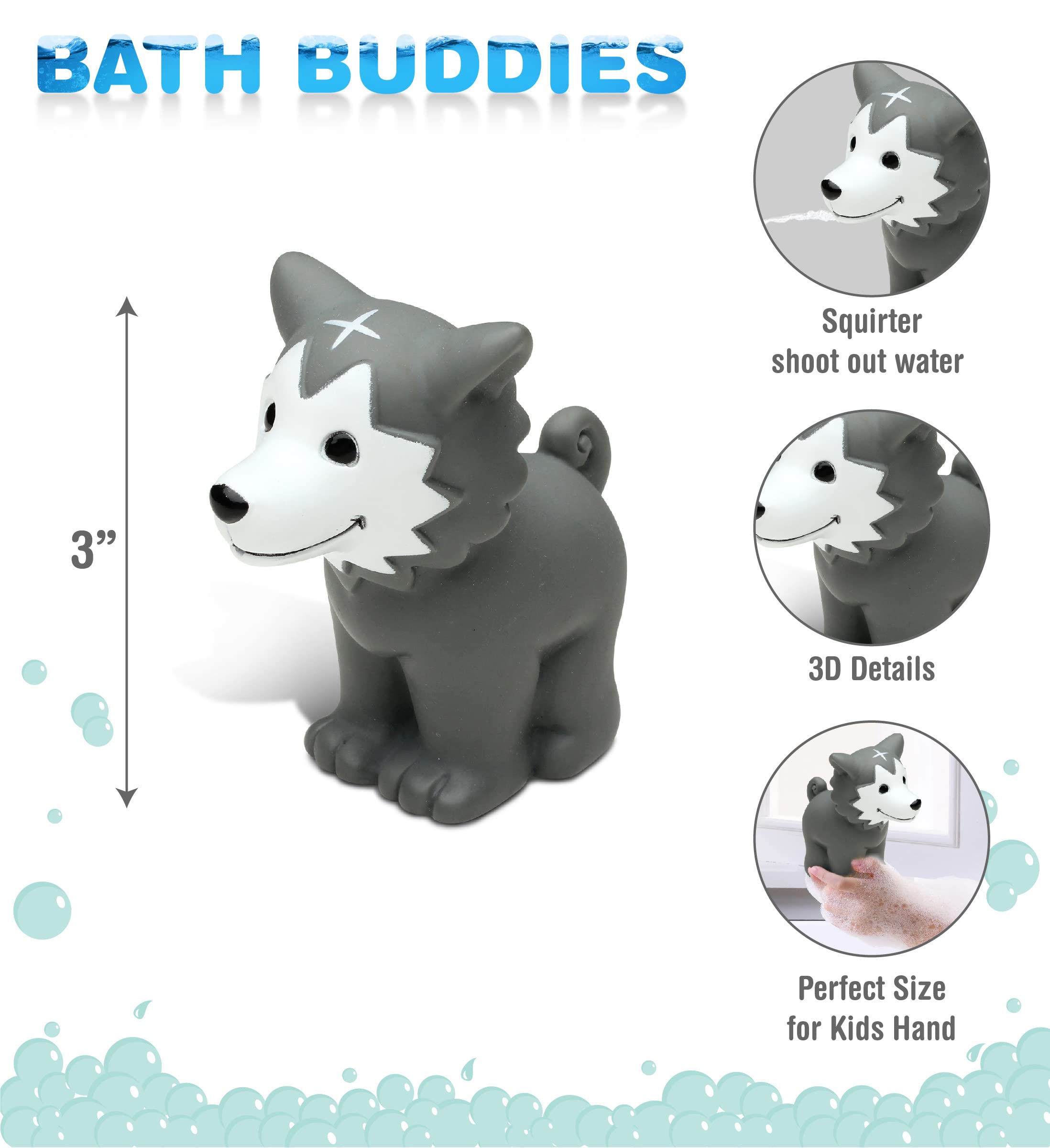 DolliBu Wolf Bath Buddy Squirter – Floating Wolf Rubber Bath Toy, Fun Water Squirting Bathtime Play For Toddlers, Cute and Soft Wild Life Animal Toy For The Bathtub, Beach, and Pool for Girls and Boys