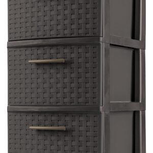 Sterilite 3 Drawer Weave Storage Tower, Plastic Decorative Drawers to Organize Clothes in Bedroom, Closet, Brown with Brown Drawers, 2-Pack