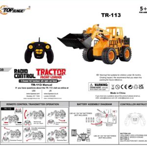 Top Race TR-113 5 Channel Full Functional Remote Control Tractor Toy Front Loader - 14 x 6 x 8 inch Electric RC Remote Control Construction Toy Tractors with Lights and Sounds