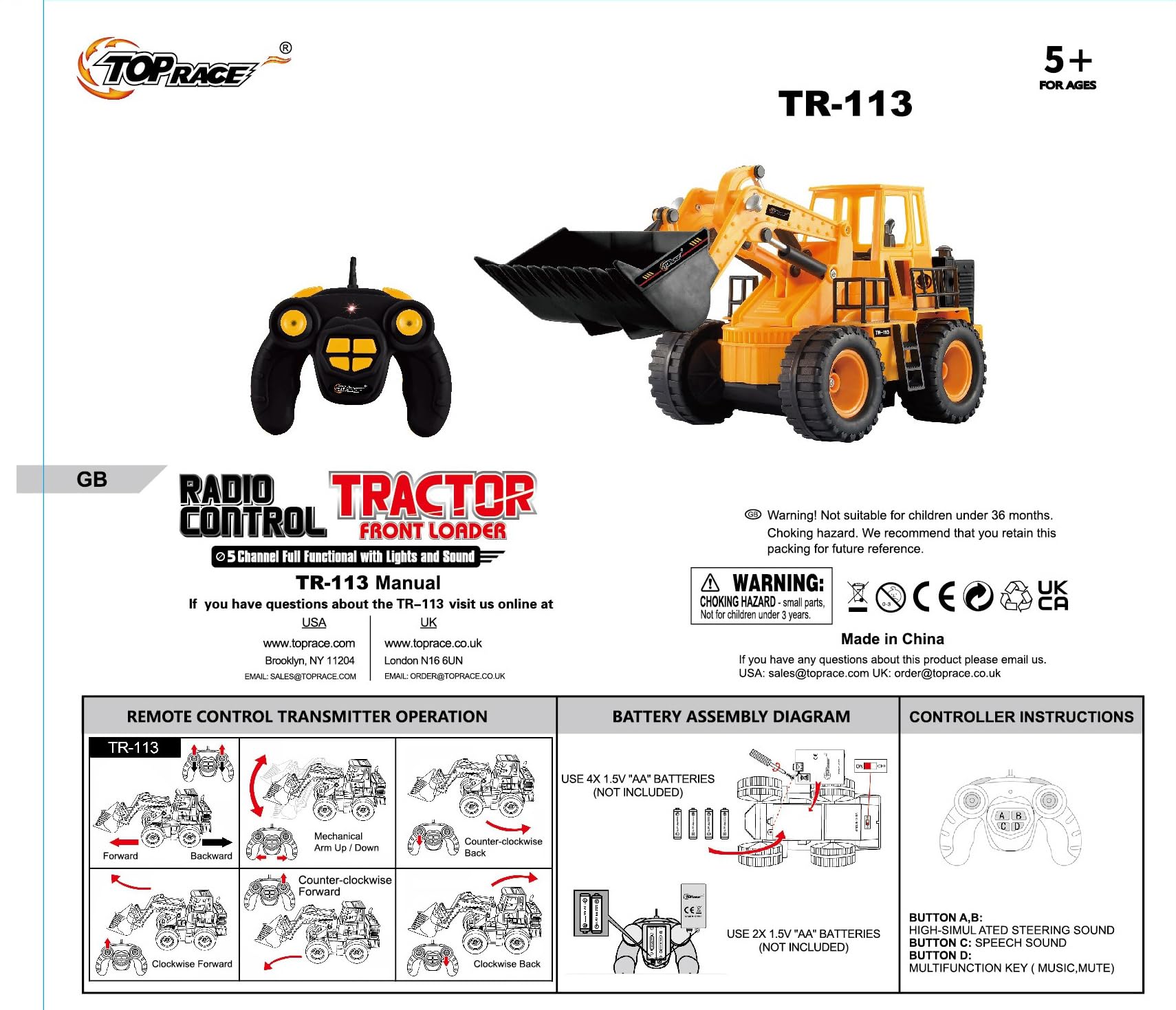 Top Race TR-113 5 Channel Full Functional Remote Control Tractor Toy Front Loader - 14 x 6 x 8 inch Electric RC Remote Control Construction Toy Tractors with Lights and Sounds