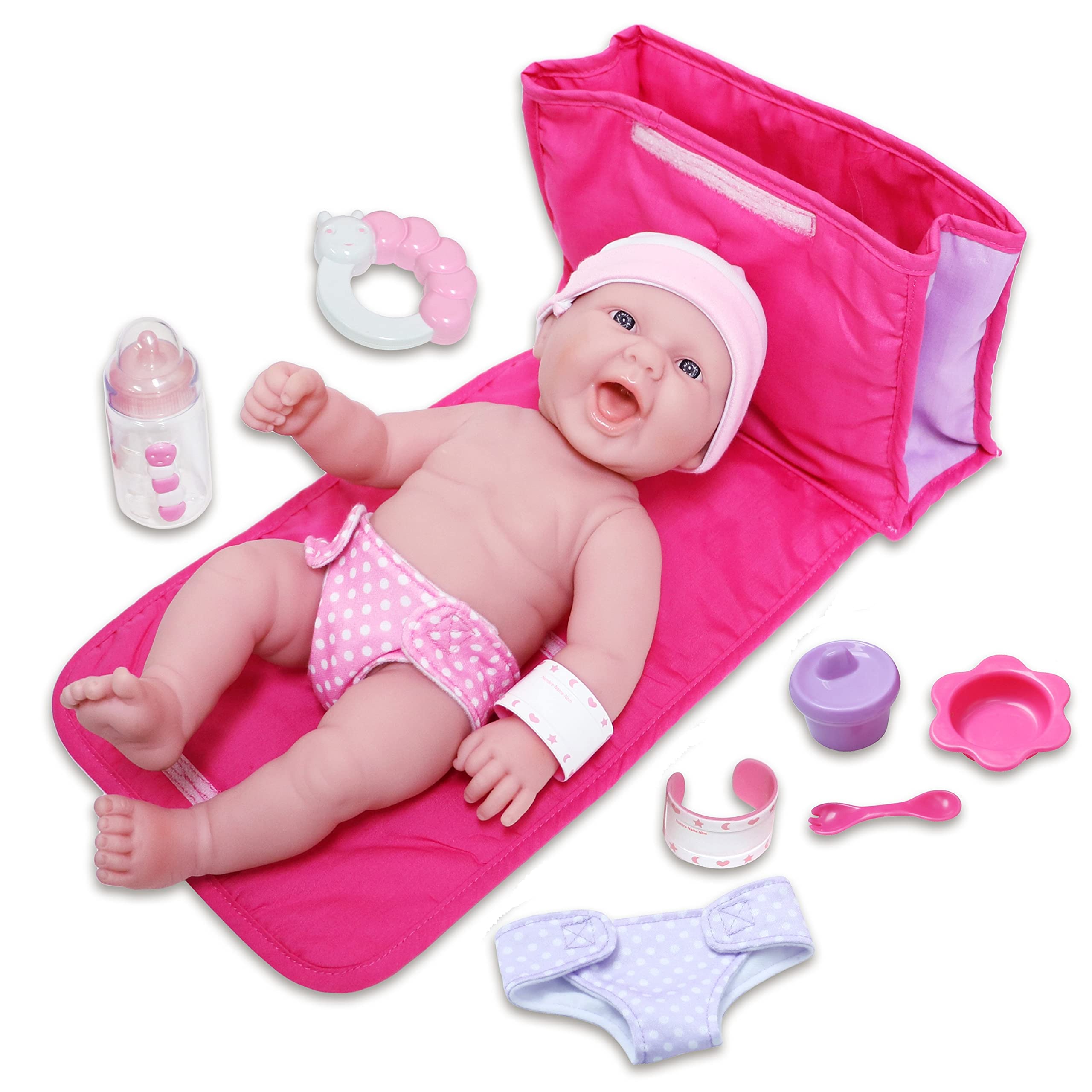 10 Piece Deluxe Diaper Bag Gift Set | Feat. 13" Realistic Smiling Baby Newborn Doll | La Newborn - JC Toys | All Vinyl | Washable | Ages 2+, Pink