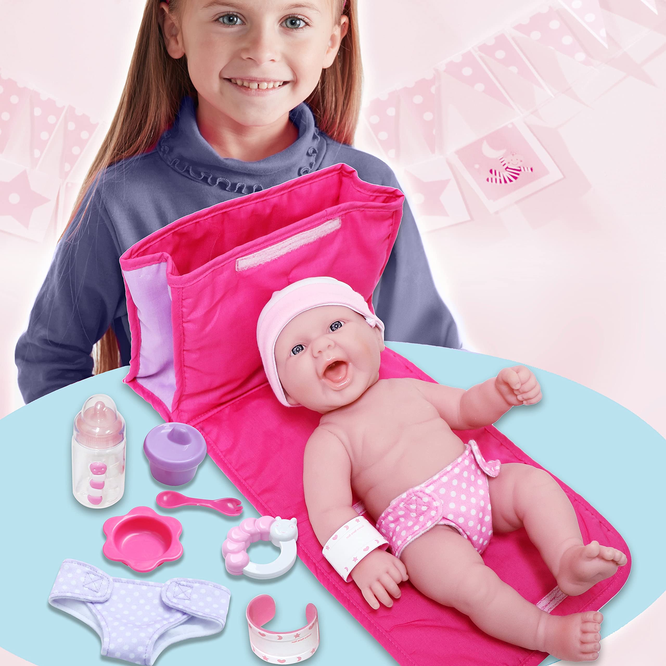 10 Piece Deluxe Diaper Bag Gift Set | Feat. 13" Realistic Smiling Baby Newborn Doll | La Newborn - JC Toys | All Vinyl | Washable | Ages 2+, Pink