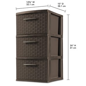 Sterilite 3 Drawer Weave Storage Tower, Plastic Decorative Drawers to Organize Clothes in Bedroom, Closet, Brown with Brown Drawers, 2-Pack