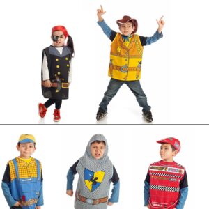 iq toys boys and girls costumes dress up costumes play set - 11 pc pretend set for kids comes with car racer, knight, cowboy, construction worker, and pirate costume