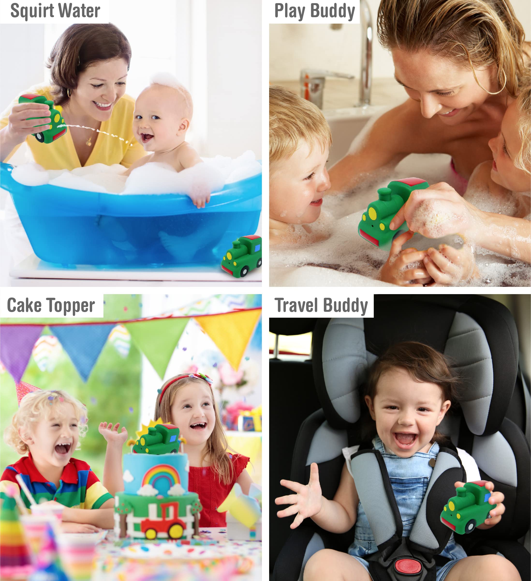 DolliBu Train Bath Buddy Squirter - Floating Green Train Rubber Bath Toy, Fun Water Squirting Bathtime Play for Toddlers, Cute & Soft Transportation Toy for The Bathtub, Beach & Pool for Boys & Girls