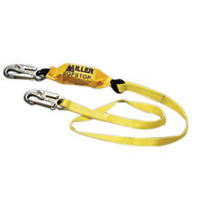 miller by honeywell 6' 1" polyester web single-leg shock-absorbing lanyard with (2) 3/4" locking snap hooks and sofstop shock absorber double pack