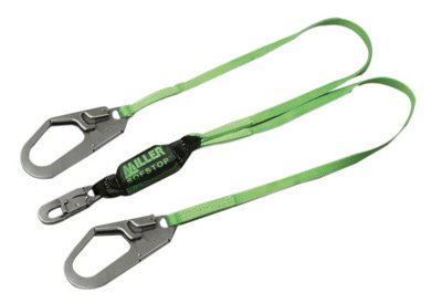 Miller by Honeywell 6' HP Nylon Web Twin-Leg Shock-Absorbing Lanyard with (1) 3/4" Locking Snap Hook, (2) 2-1/2" Locking Rebar Hooks and SofStop Shock Absorber