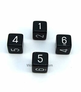 wcxpq0608e4 black opaque dice with white numbers d6 aprox 16mm (5/8in) pack of 4 dice chessex