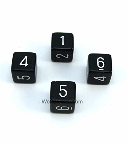 WCXPQ0608E4 Black Opaque Dice with White Numbers D6 Aprox 16mm (5/8in) Pack of 4 Dice Chessex