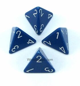 wondertrail wcxpq0406e4 blue opaque dice with white numbers d4 aprox 16mm (5/8in) pack of 4 dice chessex