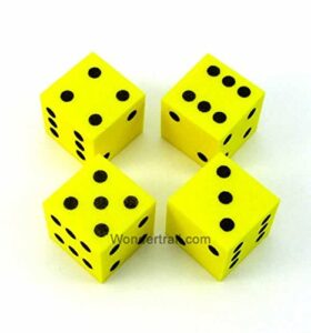 wondertrail yellow foam dice with black dots d6 25mm (1in) pack of 4