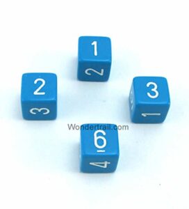 wondertrail wcxpq0616e4 light blue opaque dice with white numbers d6 aprox 16mm (5/8in) pack of 4 dice chessex