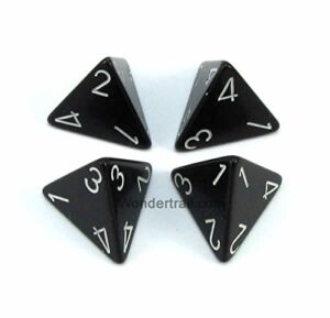 wondertrail wcxpq0408e4 black opaque dice with white numbers d4 aprox 16mm (5/8in) pack of 4 dice chessex