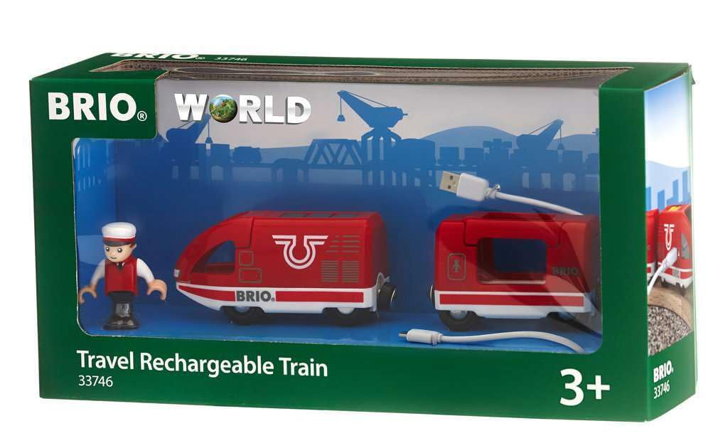 BRIO World 33746 - Travel Rechargeable Train Set | 4 Piece Wooden Toy Train Set for Toddlers | Includes USB Charging Cable | Compatible with All BRIO Sets