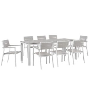 lm modway maine aluminum 9-piece outdoor patio dining set with 80 inch dining table and eight dining armchairs in white light gray