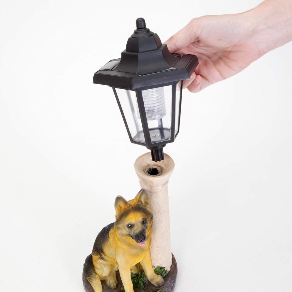 Bits and Pieces-Solar Shepherd Lantern-Solar Powered Garden Lantern - Resin Dog Sculpture with LED Light