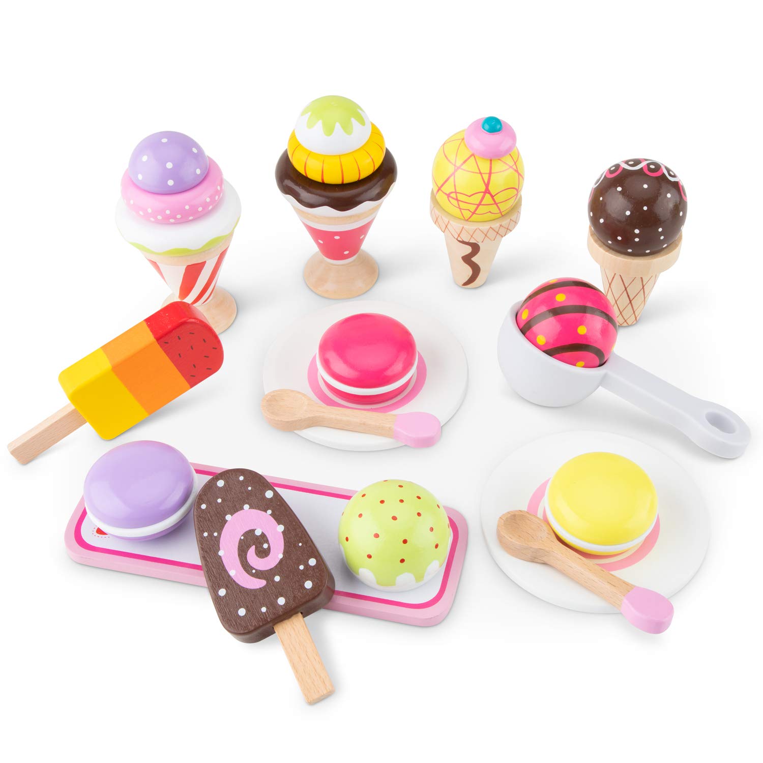 New Classic Toys Wooden Ice Cream Set Pretend Play Toy for Kids Cooking Simulation Educational Toys and Color Perception Toy for Preschool Age Toddlers Boys Girls