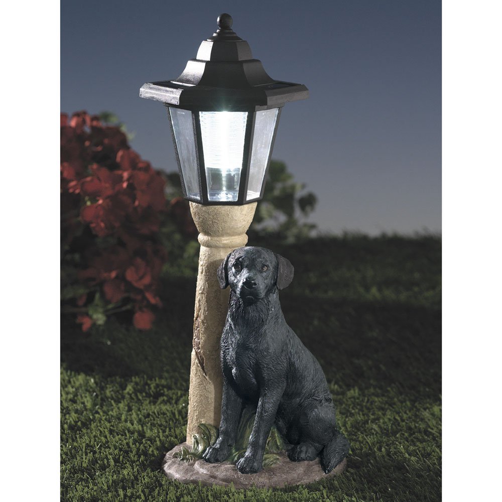 Bits and Pieces-Solar Black Lab Lantern-Solar Powered Garden Lantern - Resin Dog Sculpture with LED Light