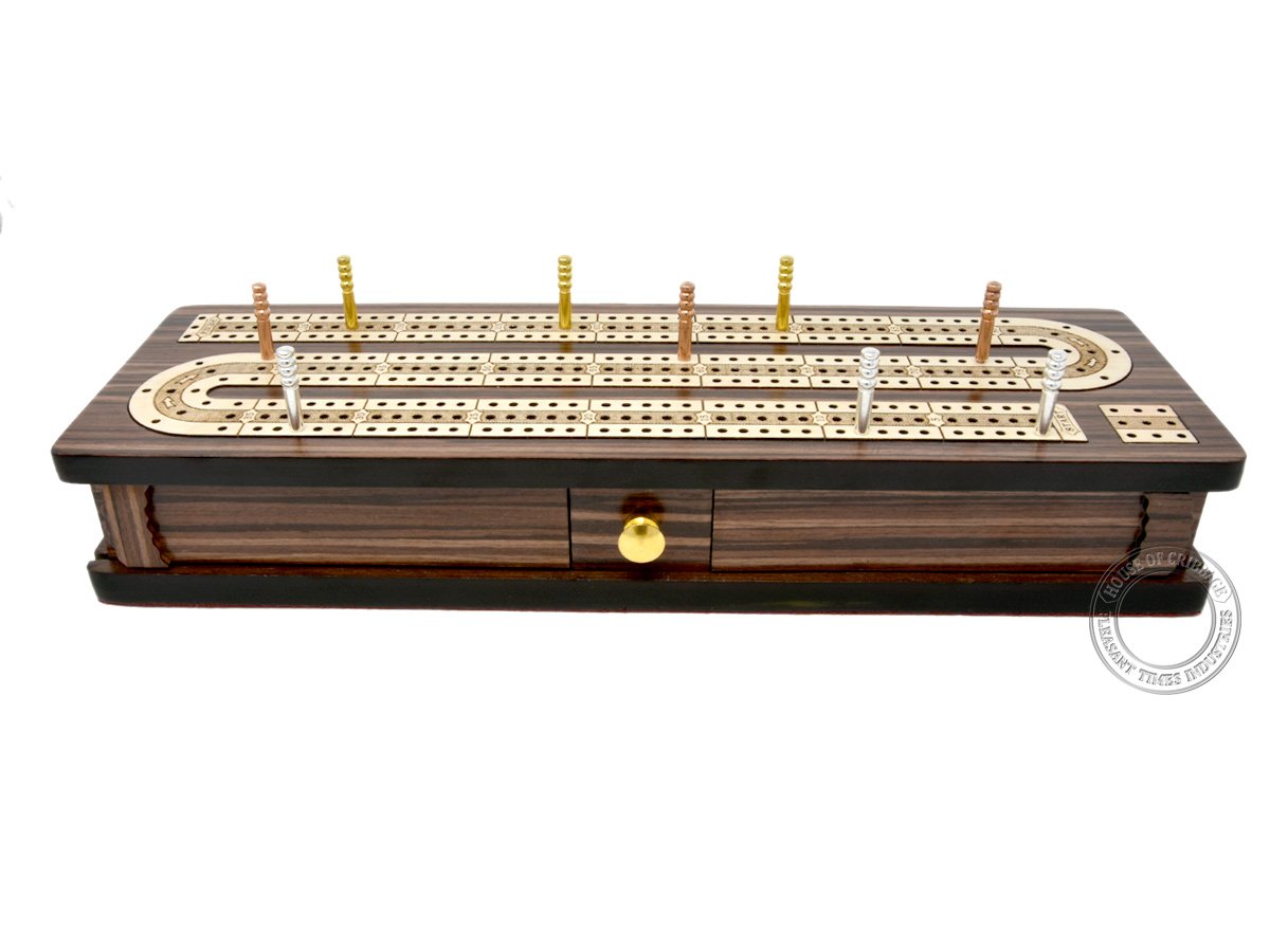 House of Cribbage - Continuous Cribbage Board/Box Inlaid in Rosewood/Maple 12" - 3 Tracks - Sliding Lid Drawer