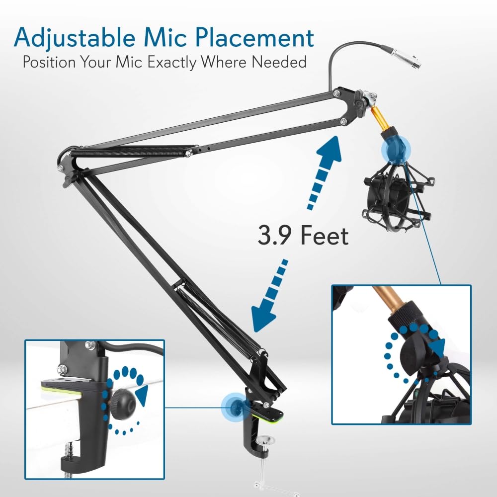 Pyle Suspension Microphone Boom Pro-Desktop Scissor Mic Stand Spring Arm with Shock Mount (PMKSH04)