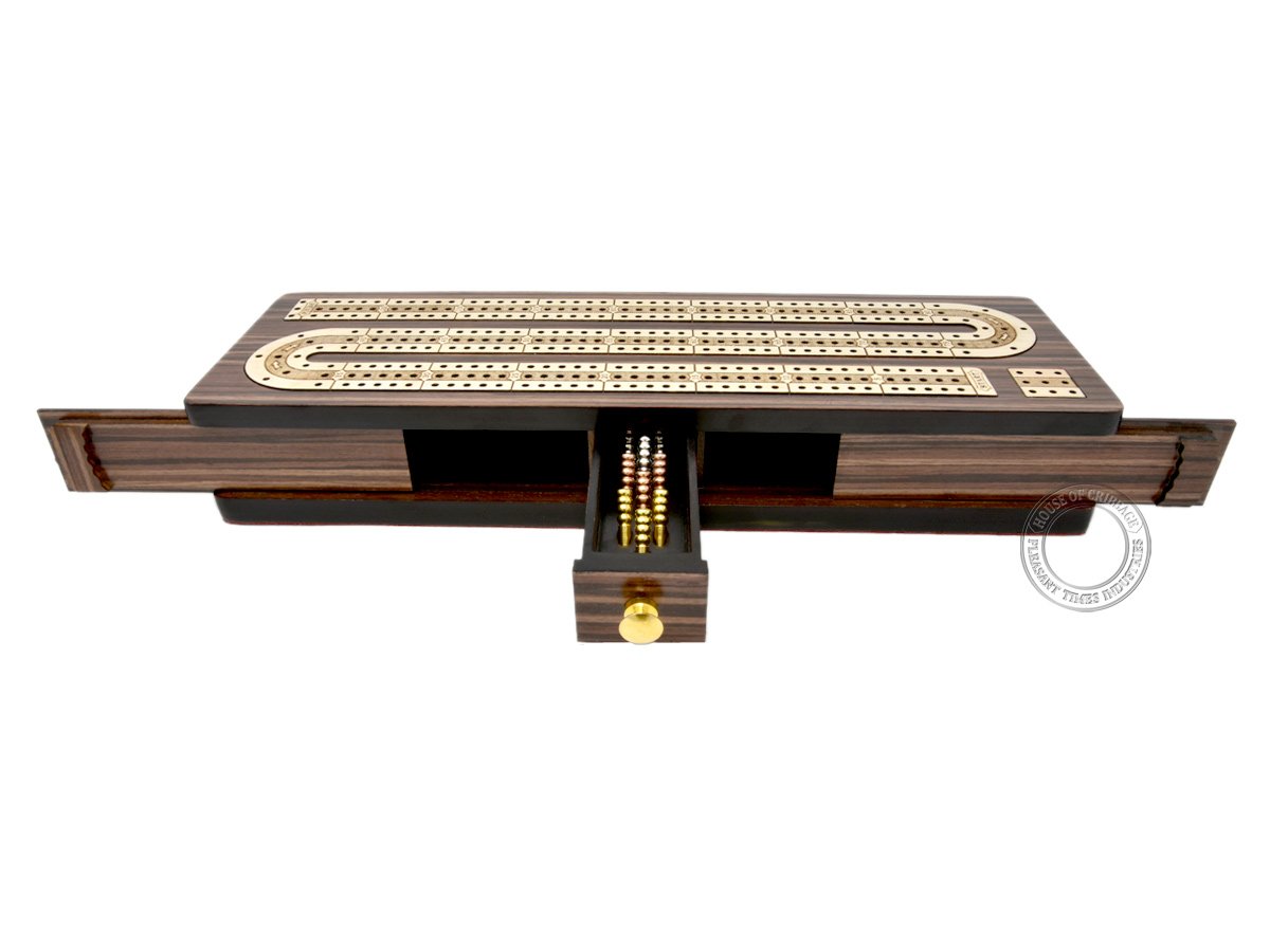 House of Cribbage - Continuous Cribbage Board/Box Inlaid in Rosewood/Maple 12" - 3 Tracks - Sliding Lid Drawer