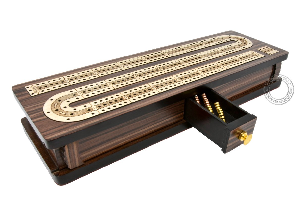 House of Cribbage - Continuous Cribbage Board/Box Inlaid in Rosewood/Maple 12" - 3 Tracks - Sliding Lid Drawer