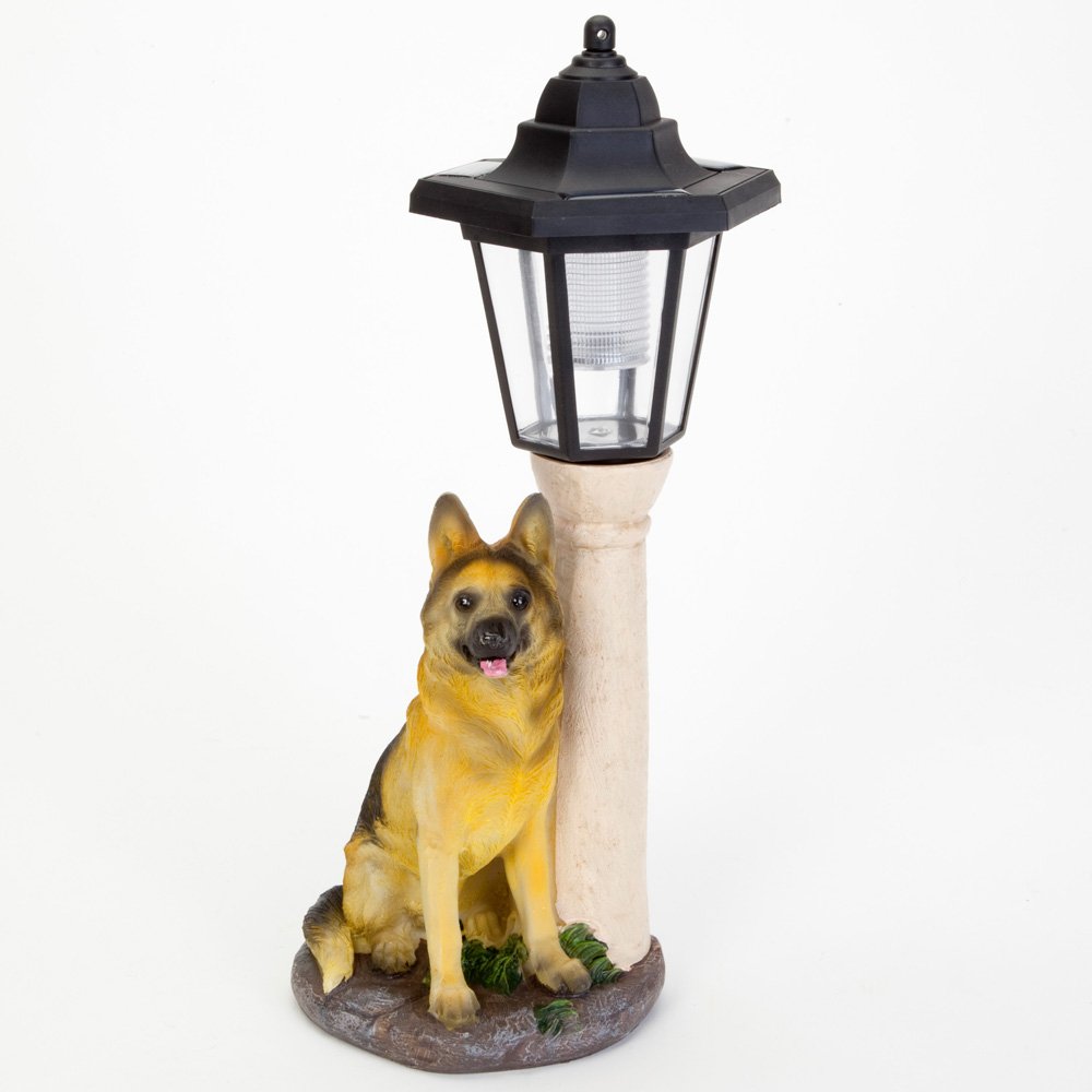 Bits and Pieces-Solar Shepherd Lantern-Solar Powered Garden Lantern - Resin Dog Sculpture with LED Light