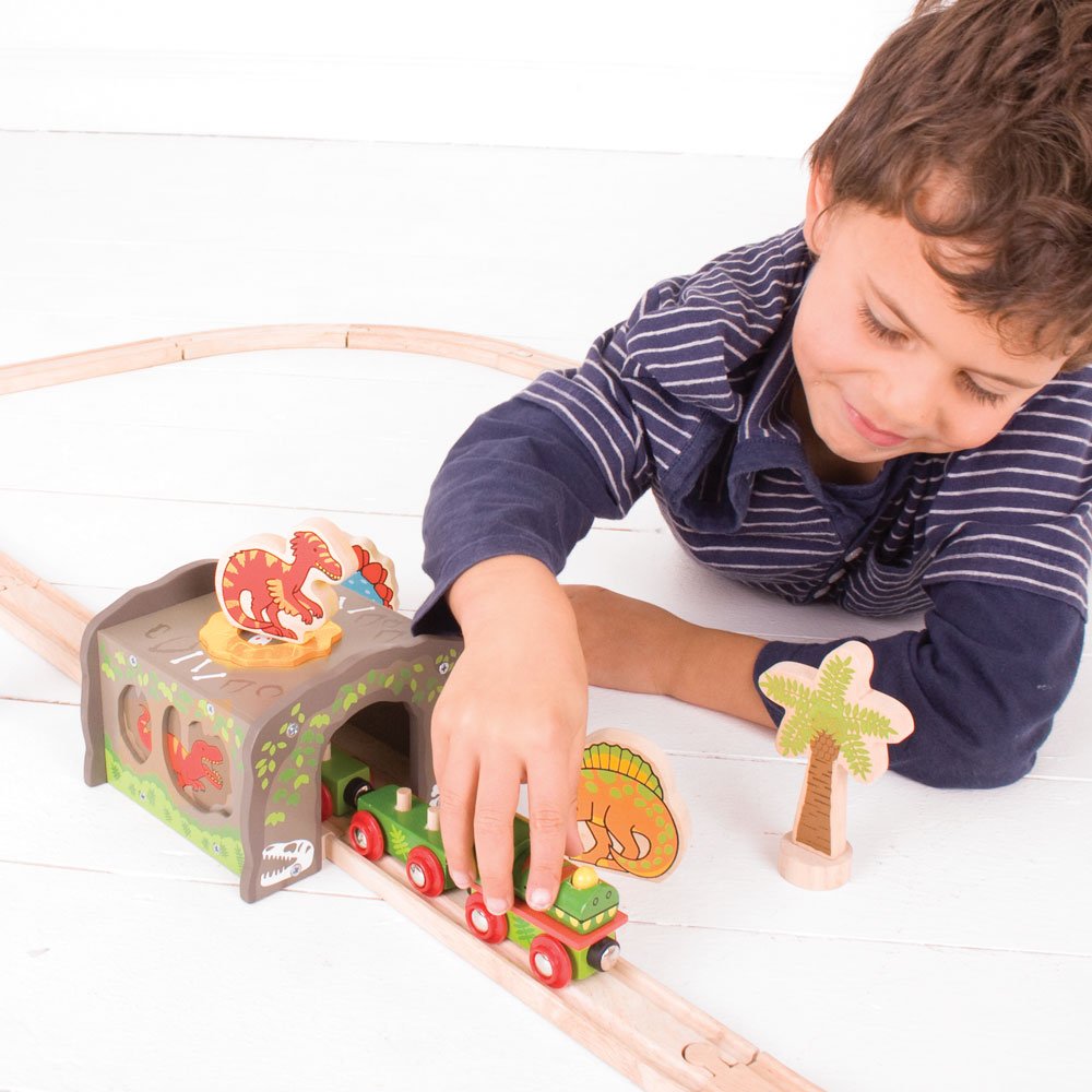 Bigjigs Rail T-Rex Dinosaur Train Tunnel Wooden Train Track Accessories - Bigjigs Train Accessories for Wooden Train Sets, Compatible with Other Kids Train Sets