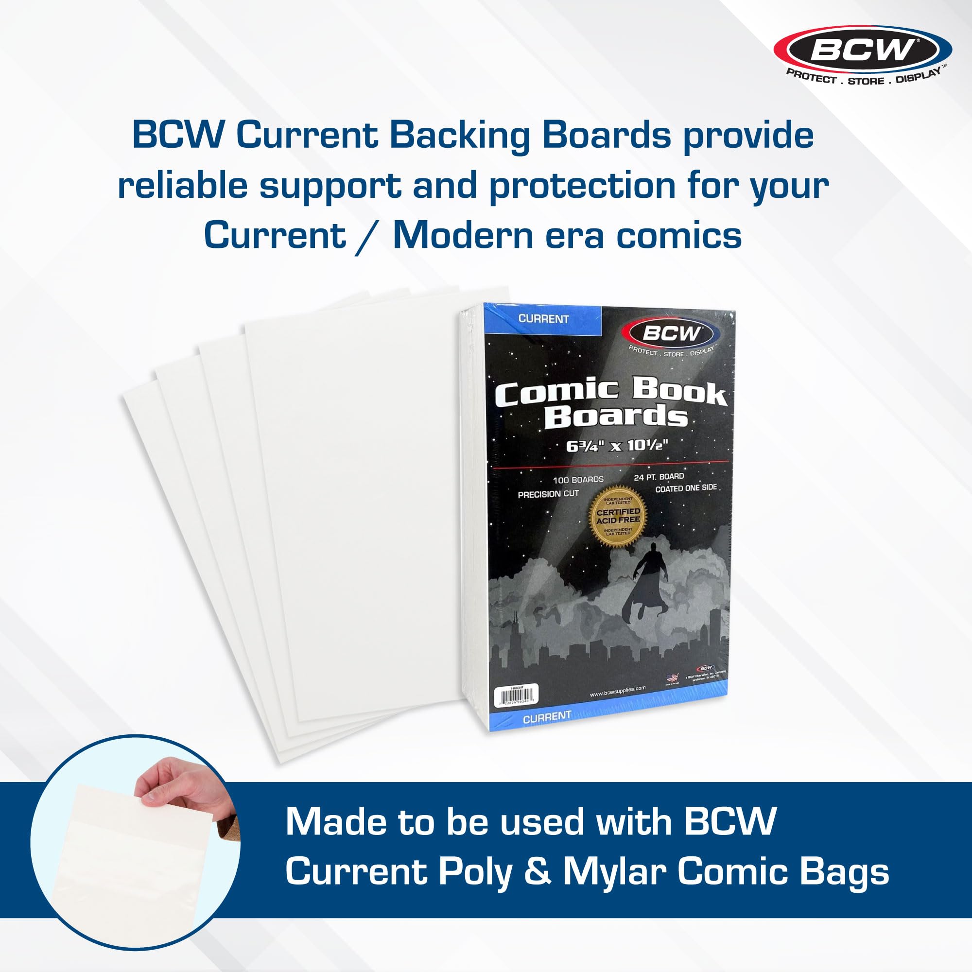 BCW Current Comic Book Backing Boards - 1 Pack (100 Total) | 24 pt., Coated, Buffered with 3% Calcium Carbonate | Precision Cut for Current Comic Bags | Comic Book Boards for Long-Term Storage