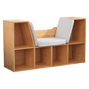 kidkraft wooden bookcase with reading nook, storage and gray cushion - natural