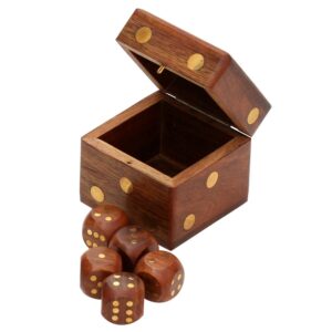 dice in dice - 2.4" wooden square dice box with 5 cute dices - wood dice accessories organizer / holder / storage / case / container / game set