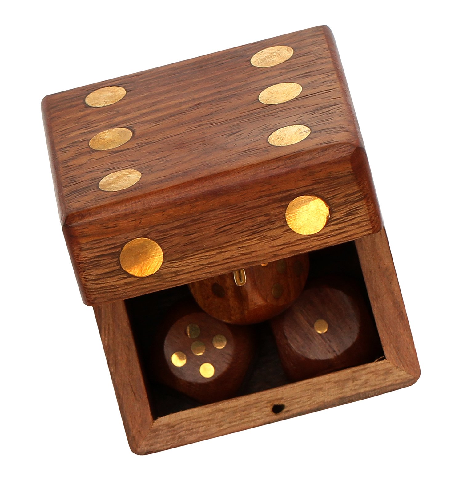 Dice in Dice - 2.4" Wooden Square Dice Box with 5 Cute Dices - Wood Dice Accessories Organizer / Holder / Storage / Case / Container / Game Set