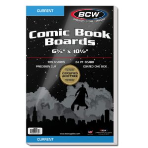 bcw current comic book backing boards - 1 pack (100 total) | 24 pt., coated, buffered with 3% calcium carbonate | precision cut for current comic bags | comic book boards for long-term storage